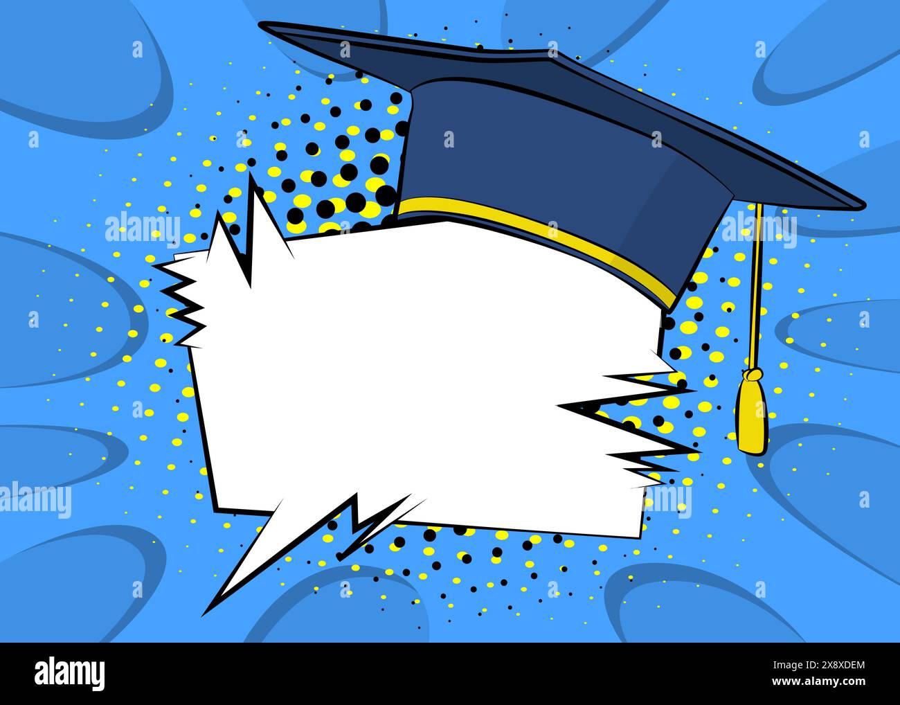 Cartoon Graduation Cap with blank speech bubble, comic book Education background. Retro vector ...