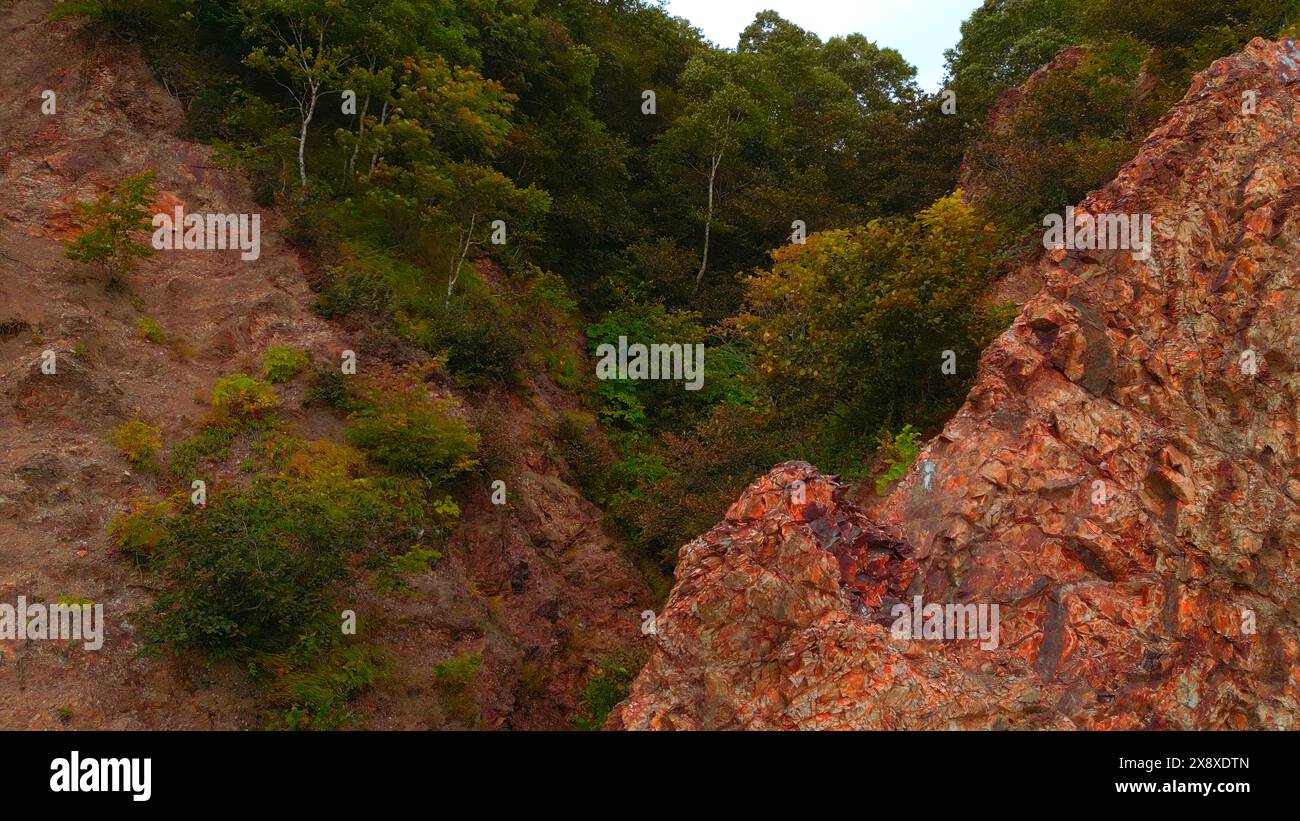 Top view of rocky ridge with forest gorge. CLip. Amazing nature with ...