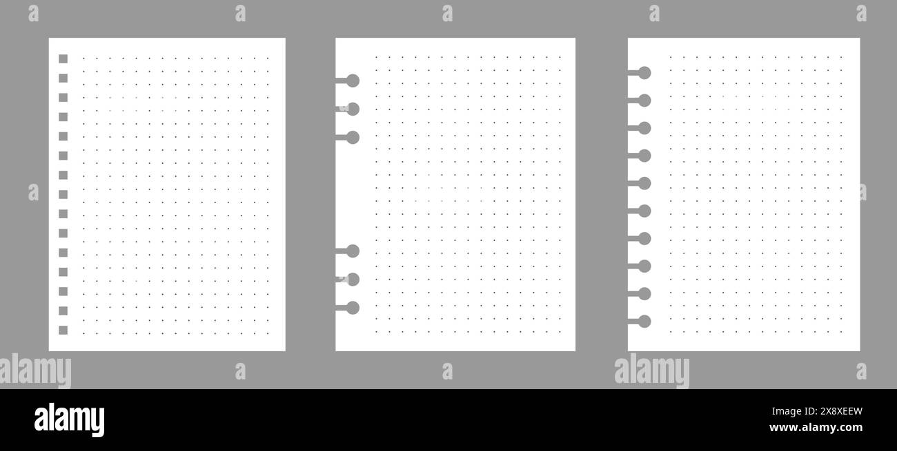 Set of notebook sheets isolated on gray background. Realistic white blanks of dots paper ...