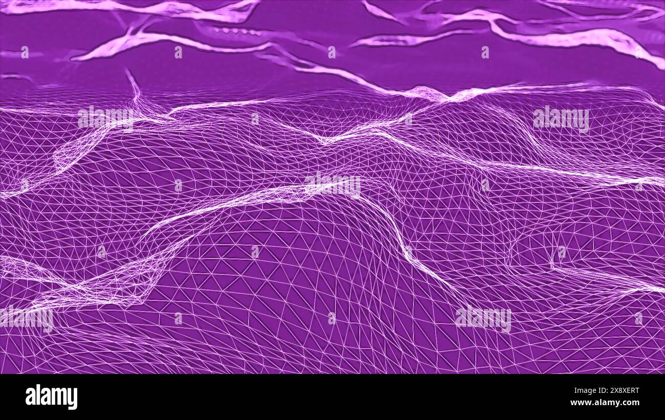 Cyberspace with hills and grid. Animation. 3D space with cyber relief ...