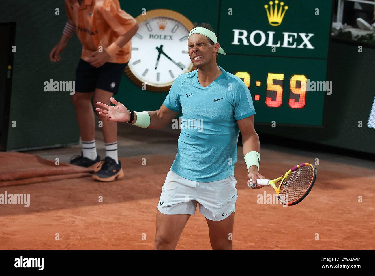 Rafael Nadal at the 2024 French Open at Roland Garros on May 27, 2024 in Paris, France. Nadal's ...