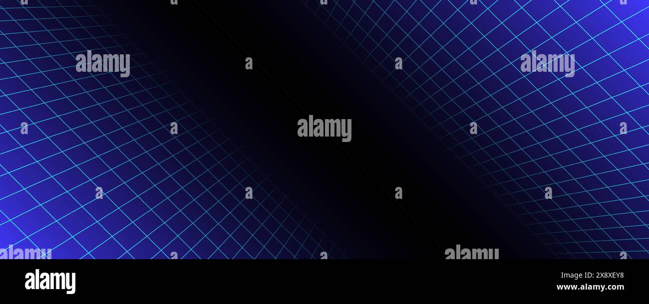 Blue glowing neon wireframe background. Shining checkered diagonal grid ...
