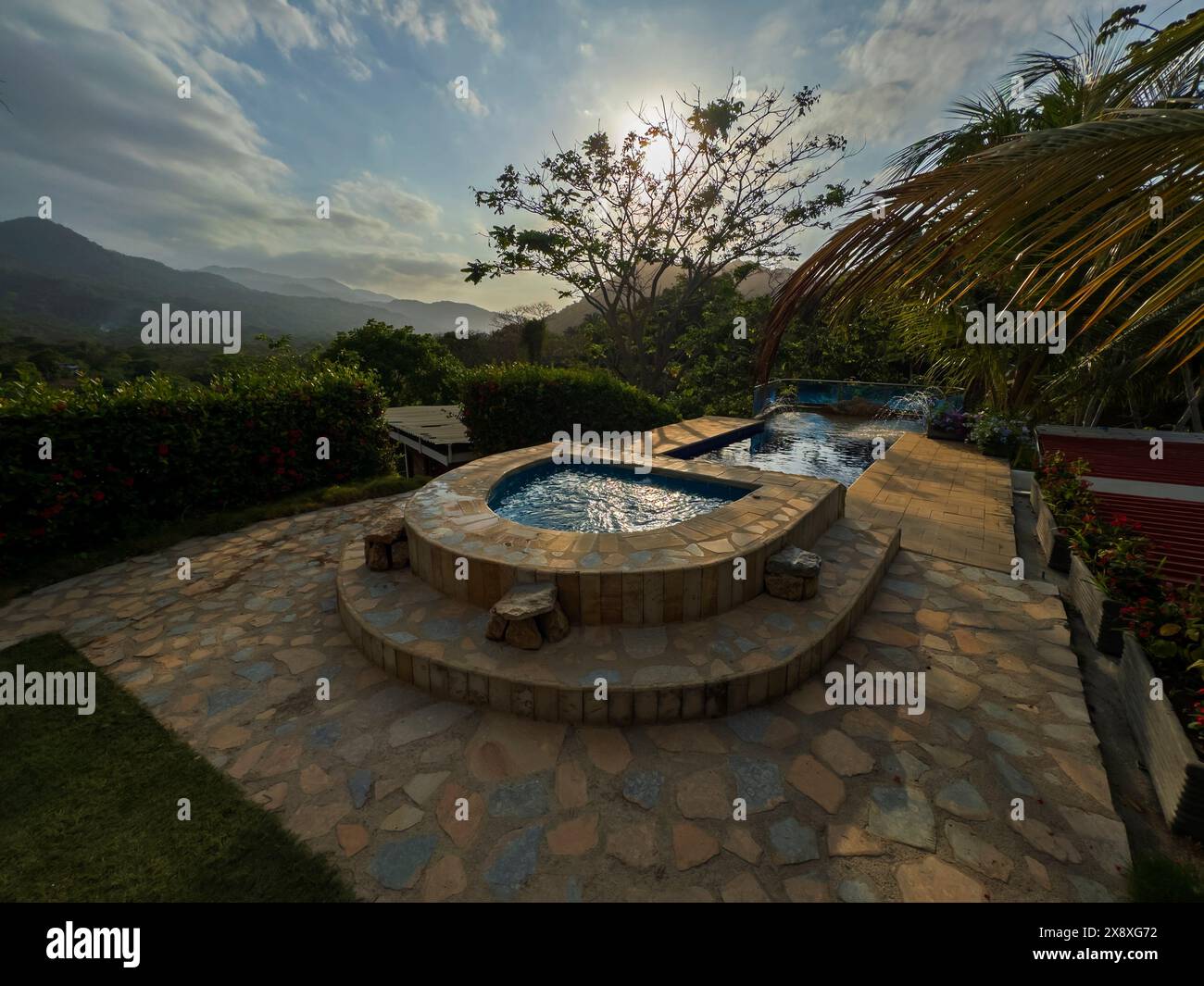 Swimming pool at the Moon Wind eco-lodge near the entrance to Tyrona ...