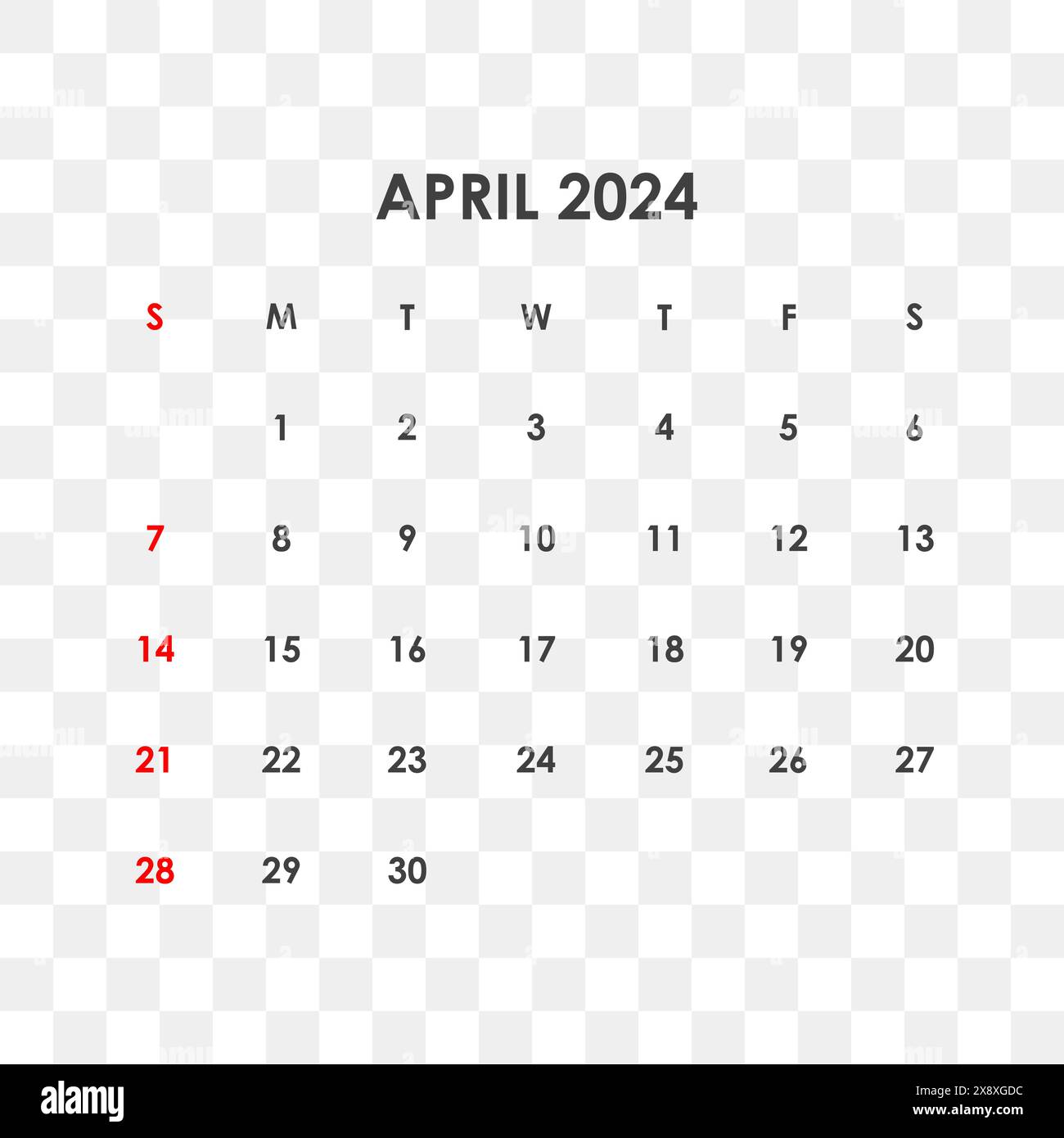 Calendar for April 2024. The week starts on Sunday Stock Vector Image ...