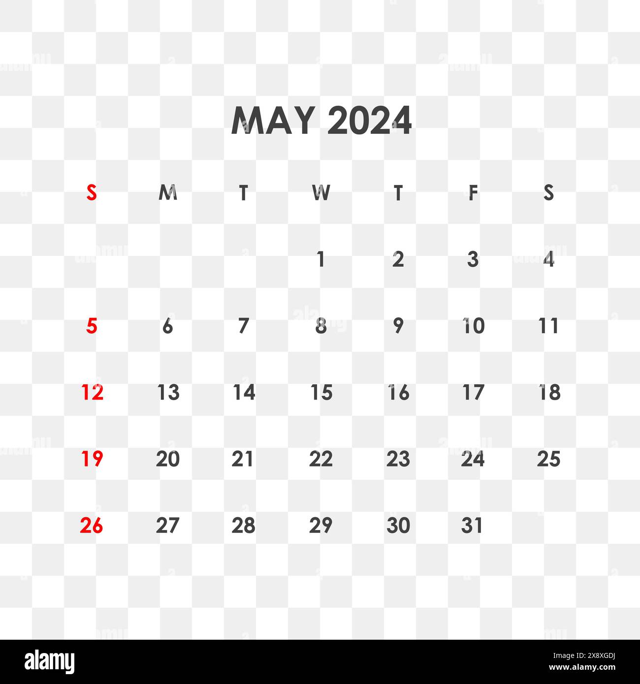 Calendar for May 2024. The week starts on Sunday Stock Vector Image ...