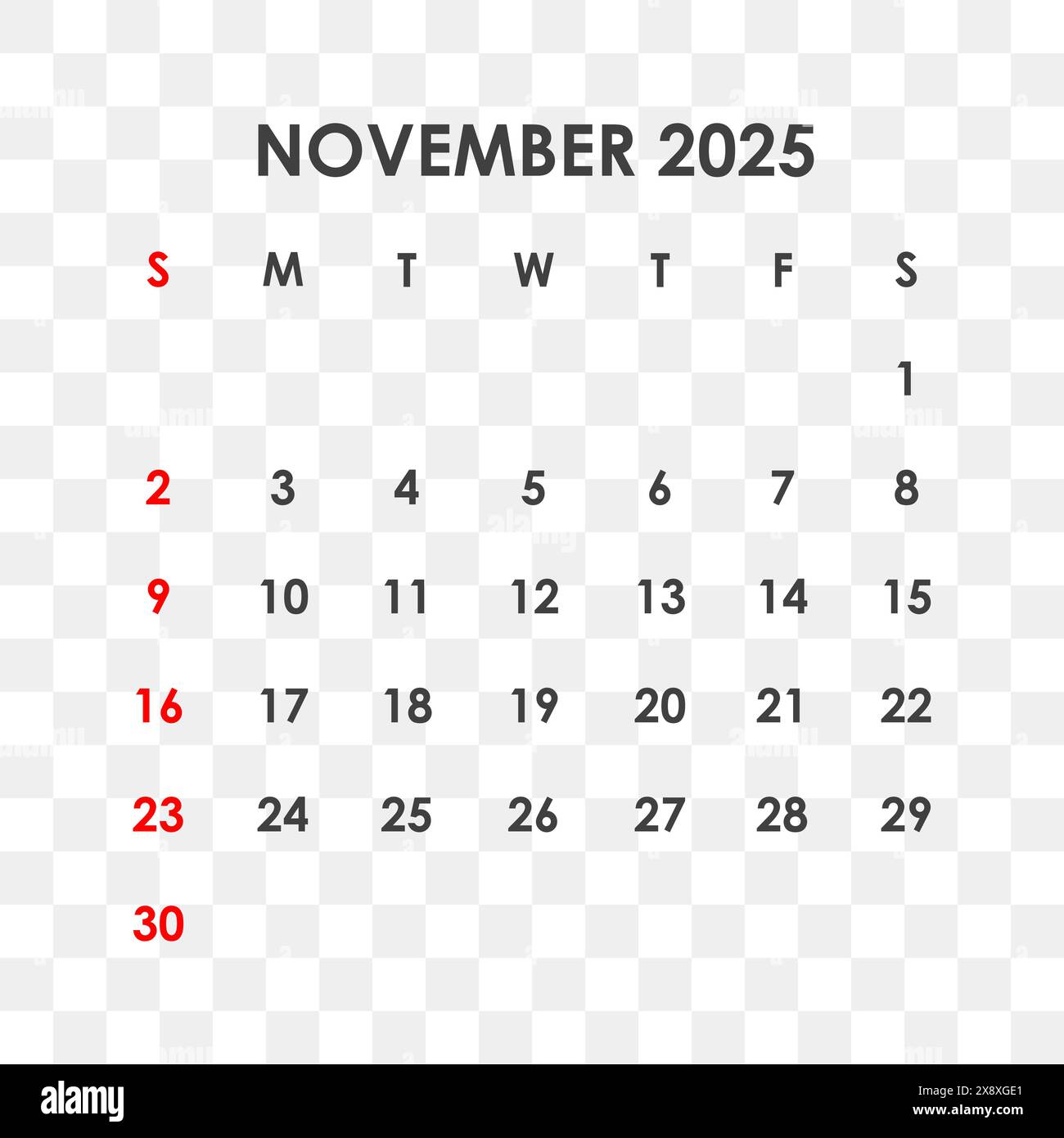 Calendar for November 2025. The week starts on Sunday Stock Vector ...