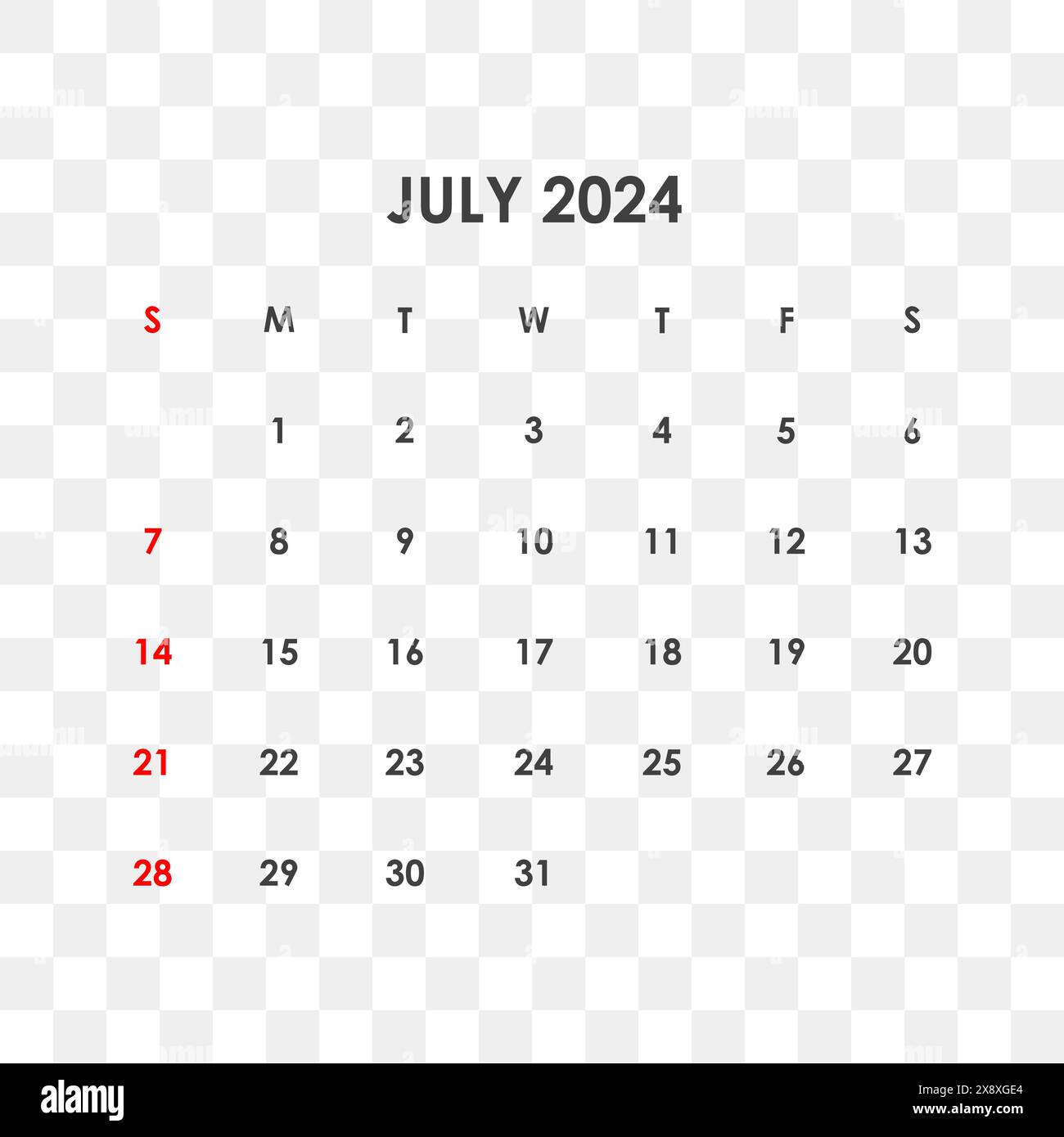 Calendar for July 2024. The week starts on Sunday Stock Vector Image ...
