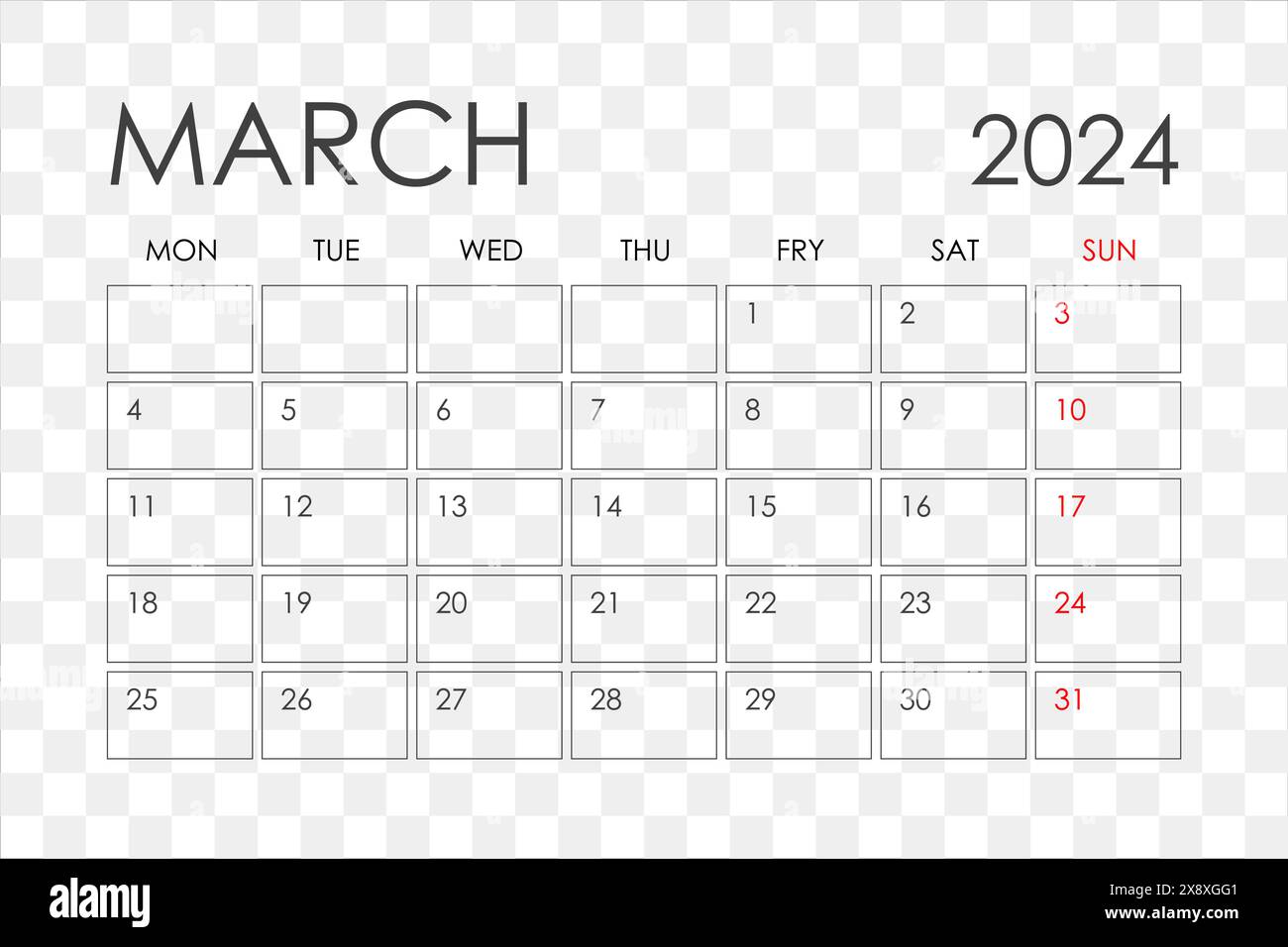 Calendar for March 2024. The week starts on Sunday Stock Vector Image ...