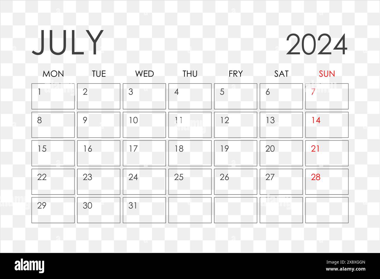 Calendar for July 2024. The week starts on Sunday Stock Vector Image ...