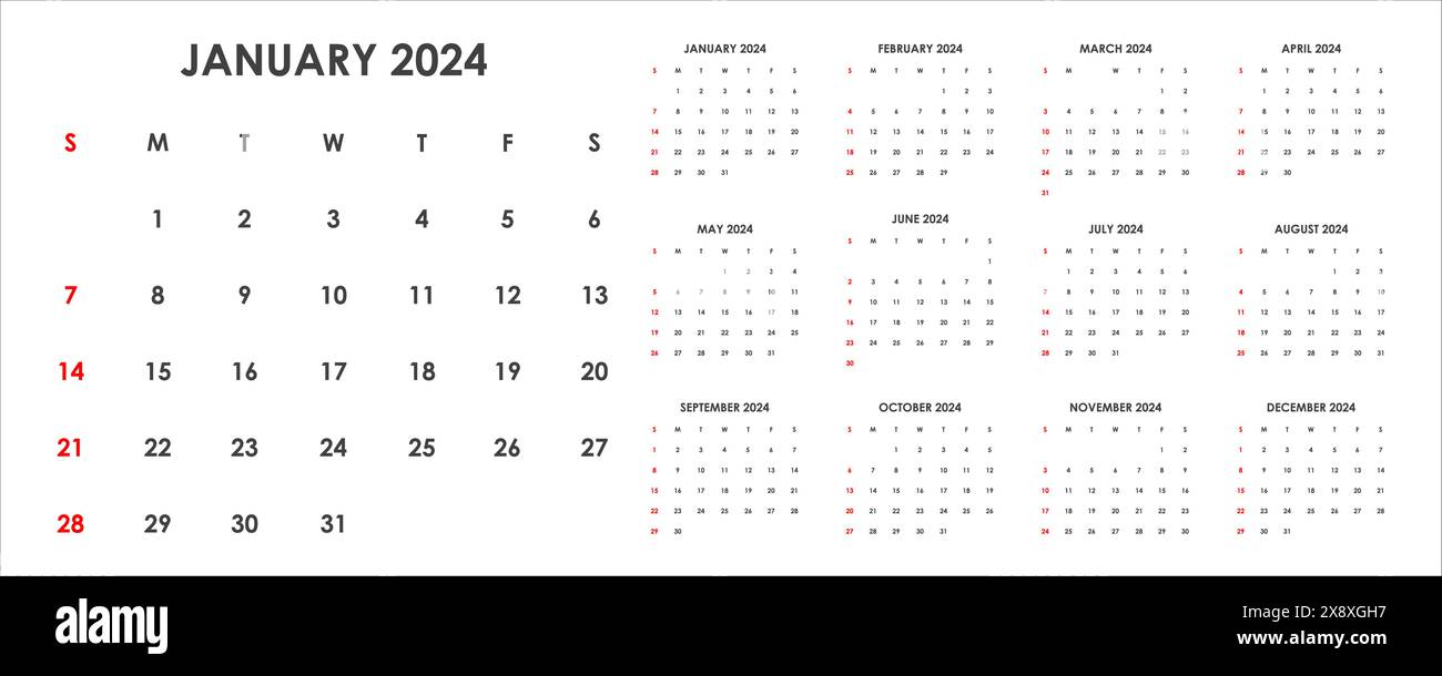 Calendar for 2024. The week starts on Sunday. Set for 12 months Stock ...