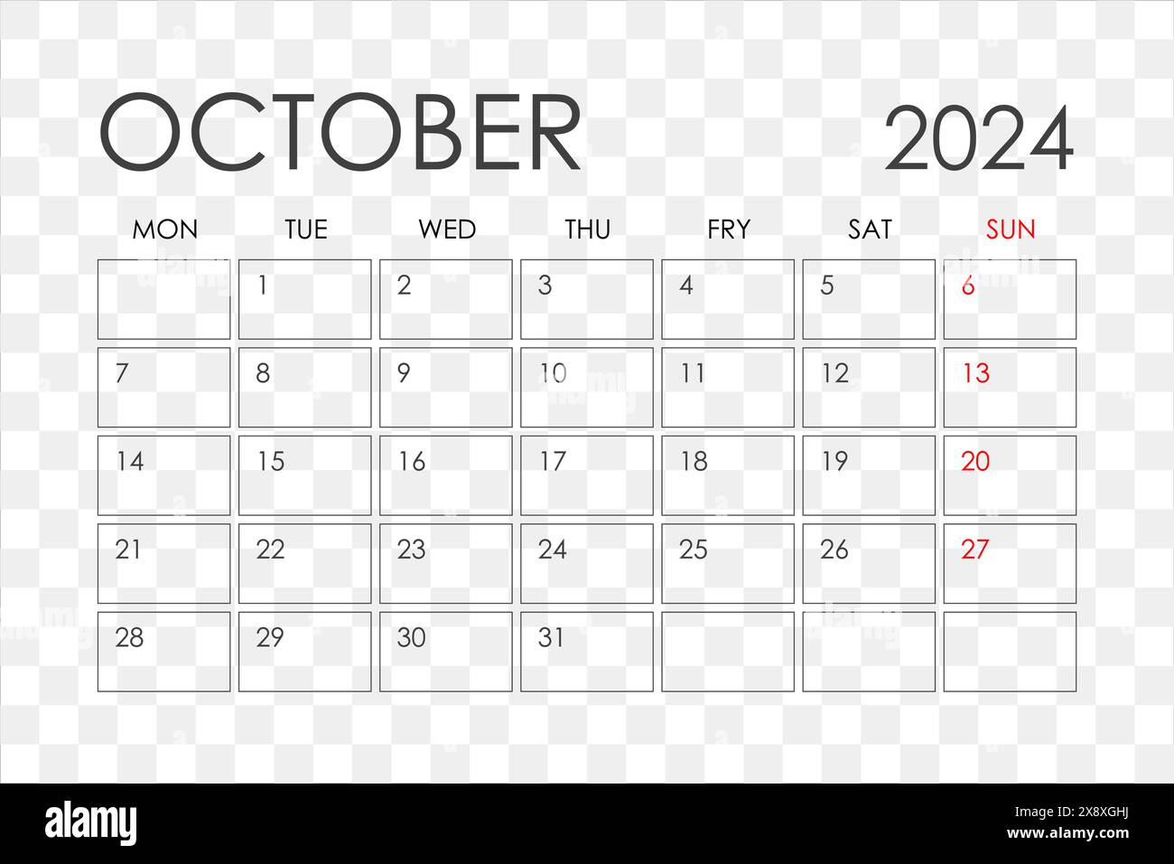 Calendar for October 2024. The week starts on Sunday Stock Vector Image ...