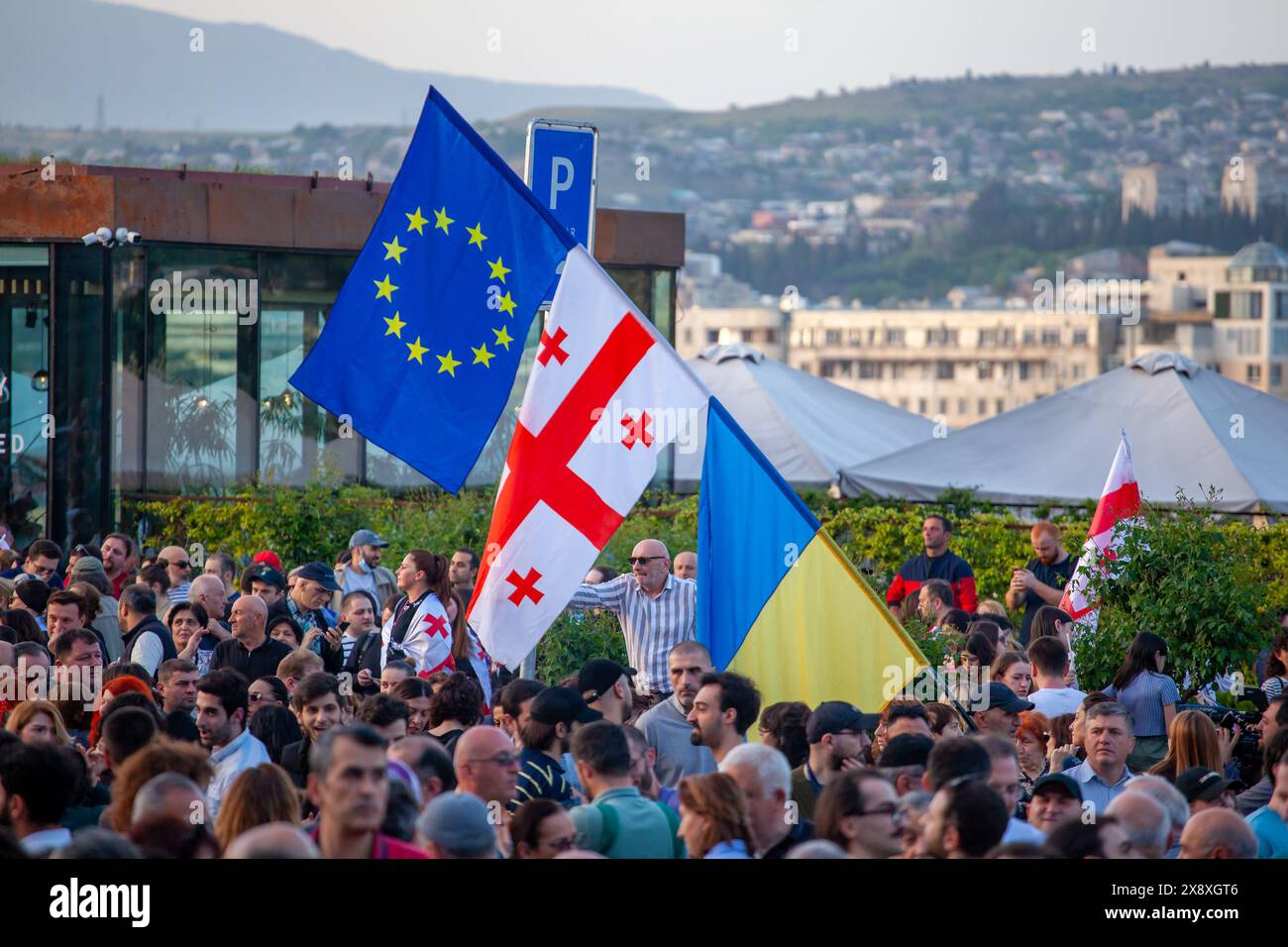 Tbilisi, Georgia - 28 April, 2024: Protesters at a rally against the ...