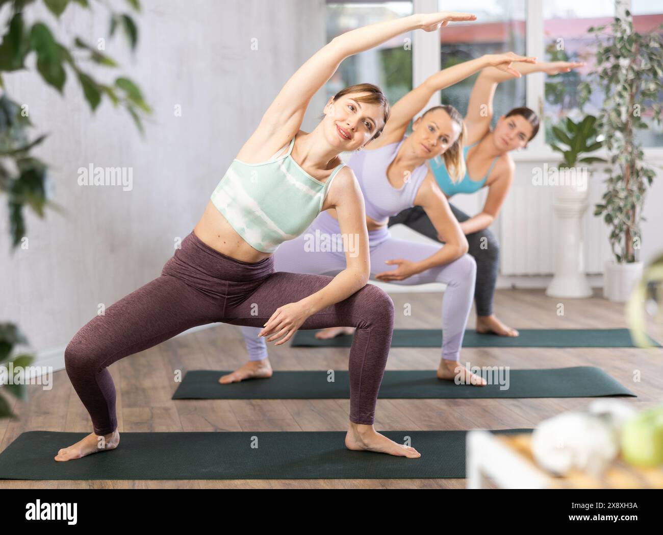 Class of motivated fit young women stretching in Extended Side Angle ...