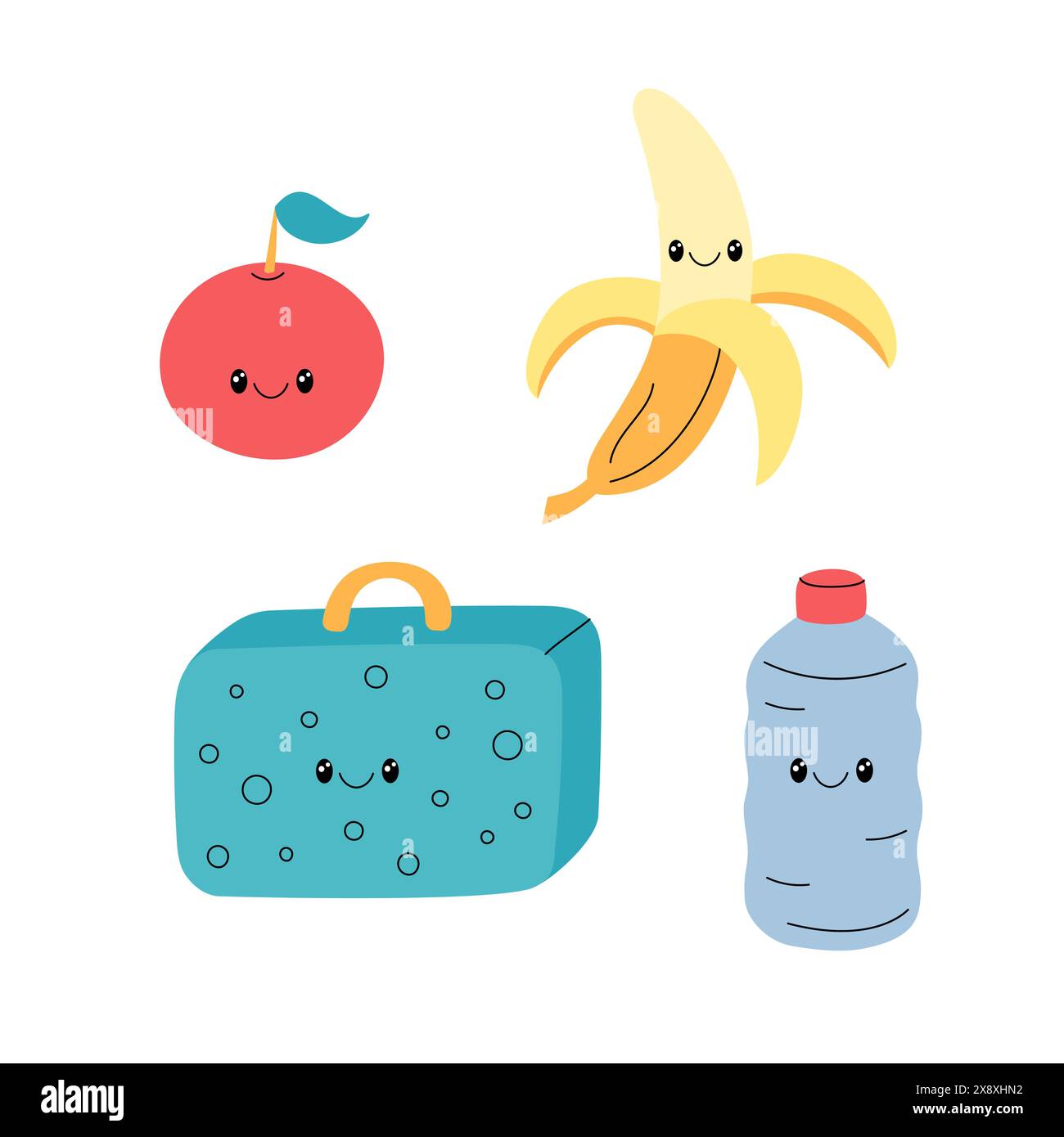School lunch box and food characters vector illustration. Snack, fruits ...