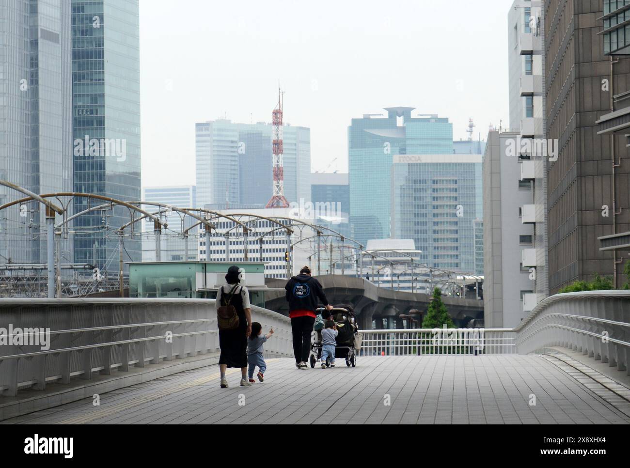 A pedestrian bridge along the JR elevated tracks in Kanda, Tokyo, Japan ...