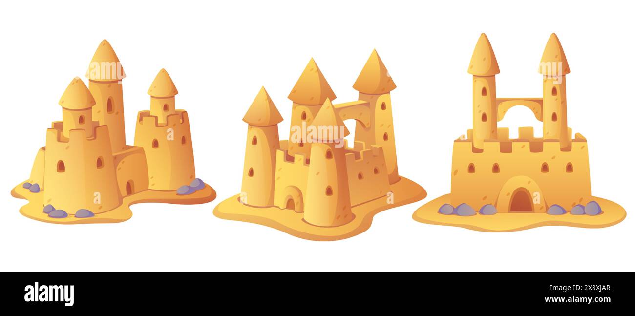 Sand castle sculptures set isolated on white background. Vector cartoon ...
