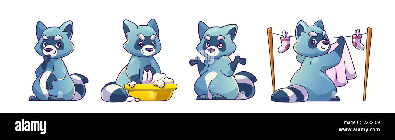 Cute raccoon mascot. Funny wash animal character. Racoon drawing set ...