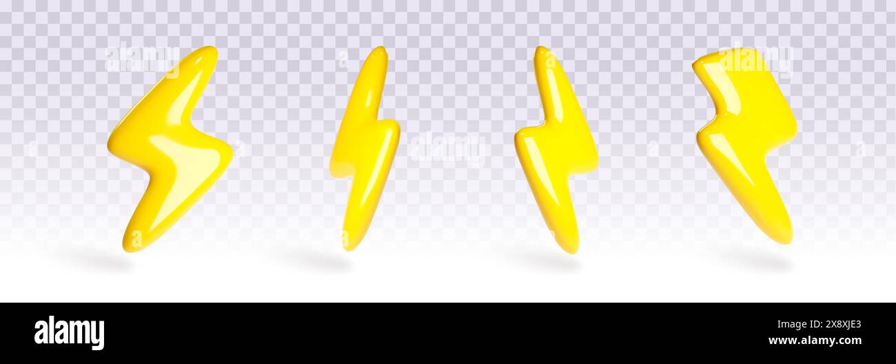 Lightning bolt of different shape on transparent background. Cartoon 3d vector illustration set ...