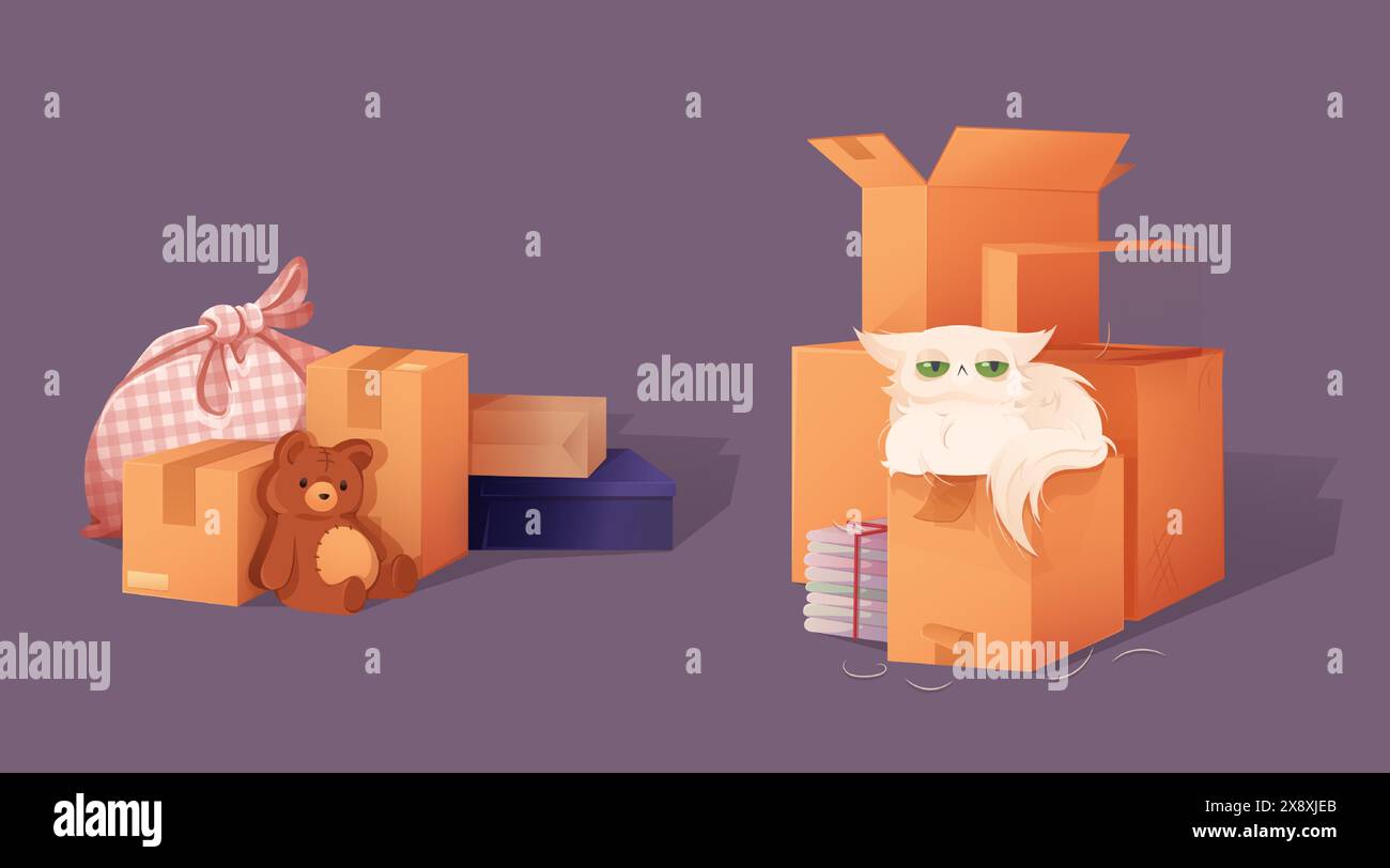 Cardboard box piles with house stuff. Brown paper packs in stack with ...