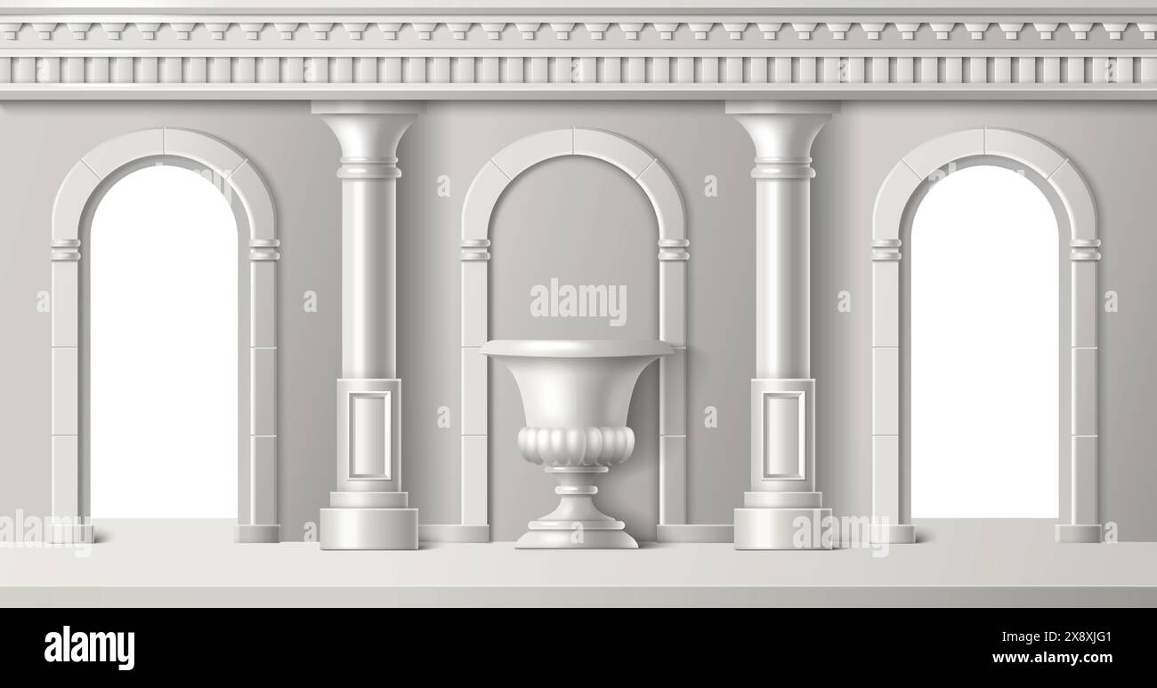 Room or hall interior with white stone ancient roman column arch ...