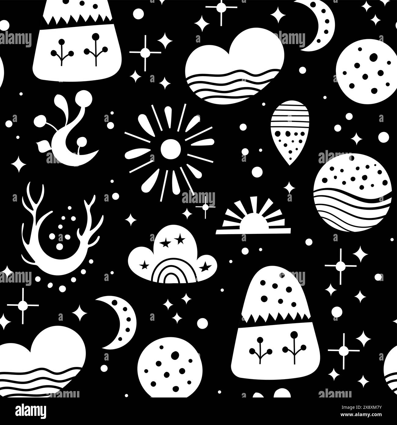 Seamless neo folk art vector pattern with mountains, moon and flowers ...