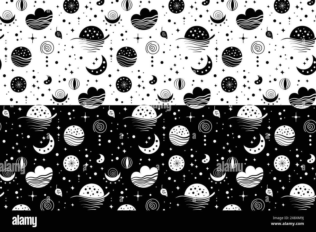 Seamless neo folk patterns with moon, cloud, sun and stars, black and ...