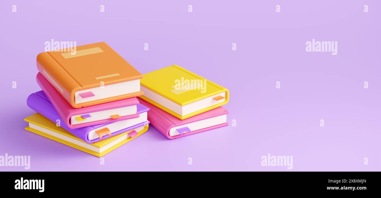 Closed book stack on purple background with copy space. Cartoon 3d ...