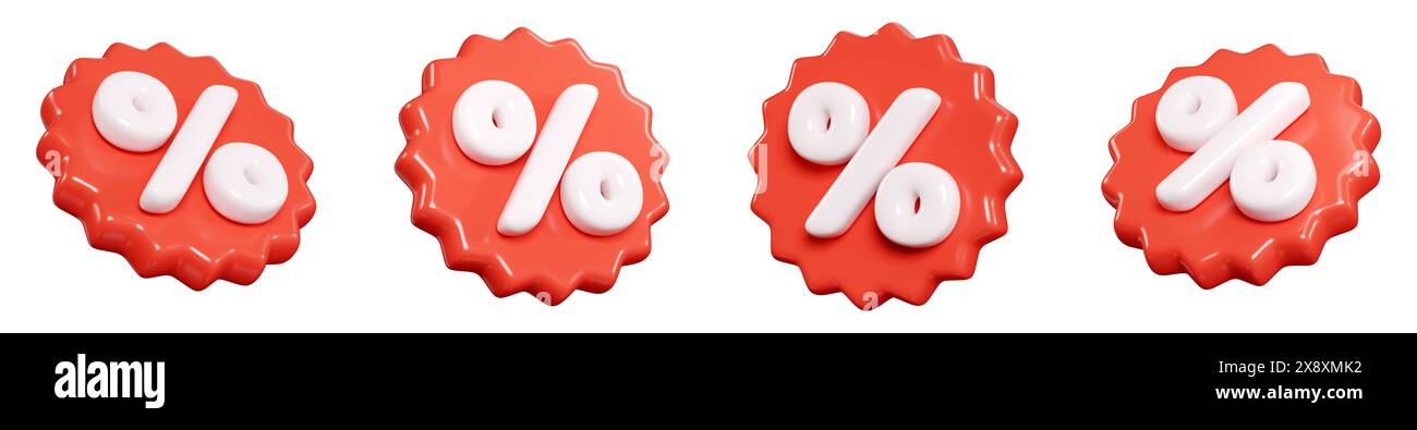 Red starburst sticker with percent sign floating in air. 3D render ...