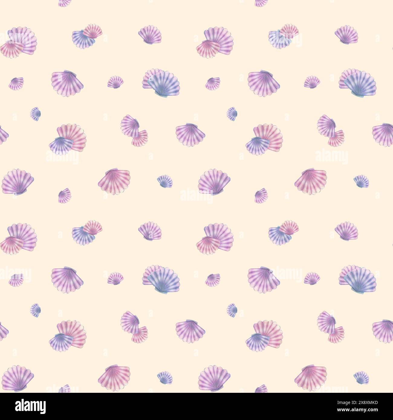 Seashells scallops in blue, lilac and pink colors on a light yellow ...