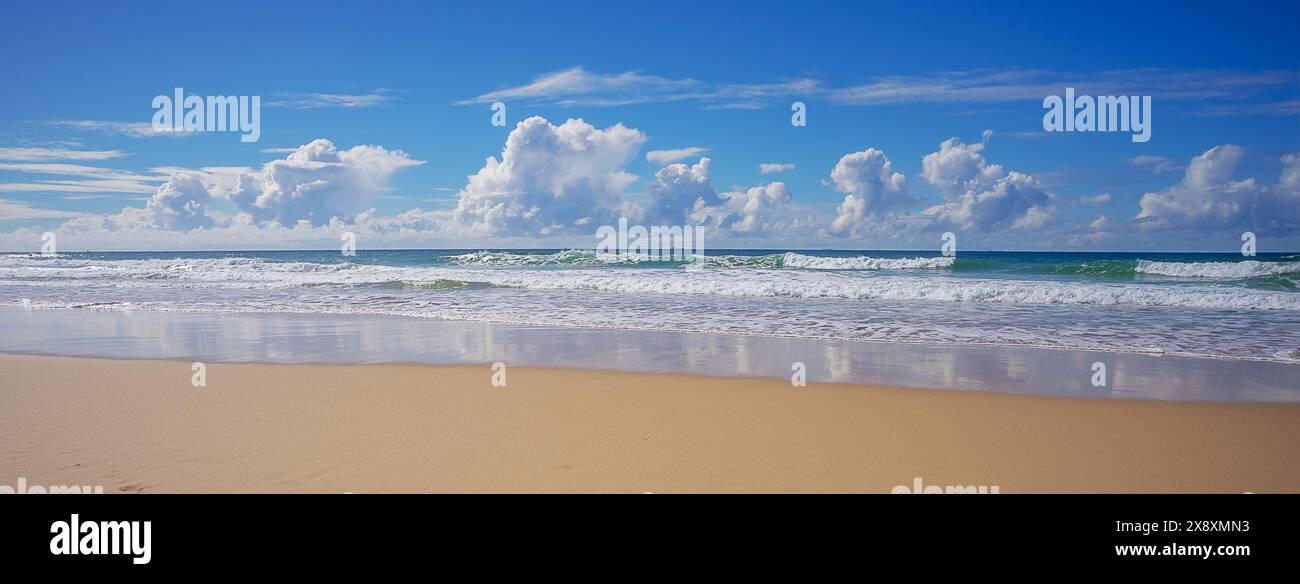 Panoramic view of Sky Clouds Surf and Sand Background on a sunny day at ...