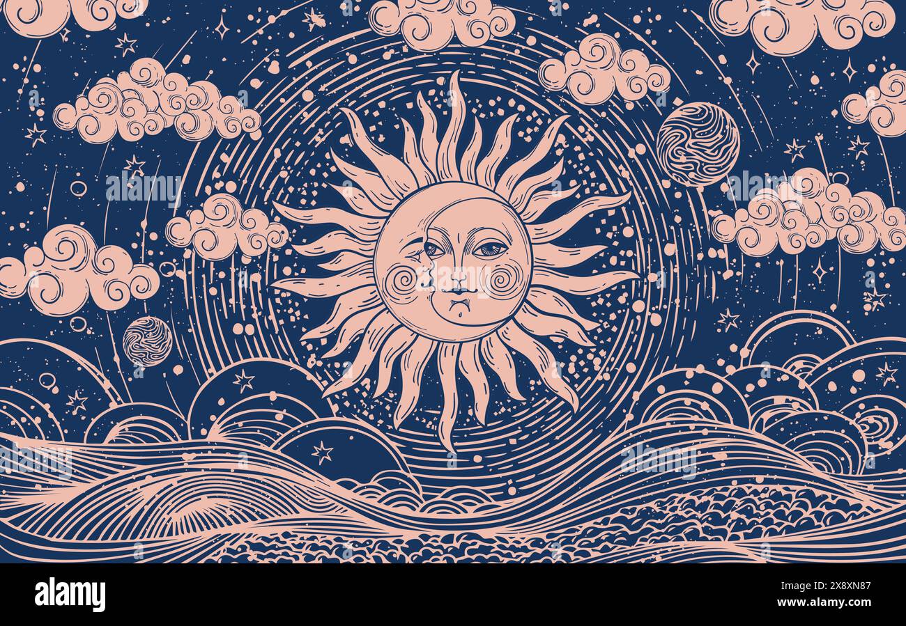 Celestial astrology card of the sun and moon with face, vector esoteric ...