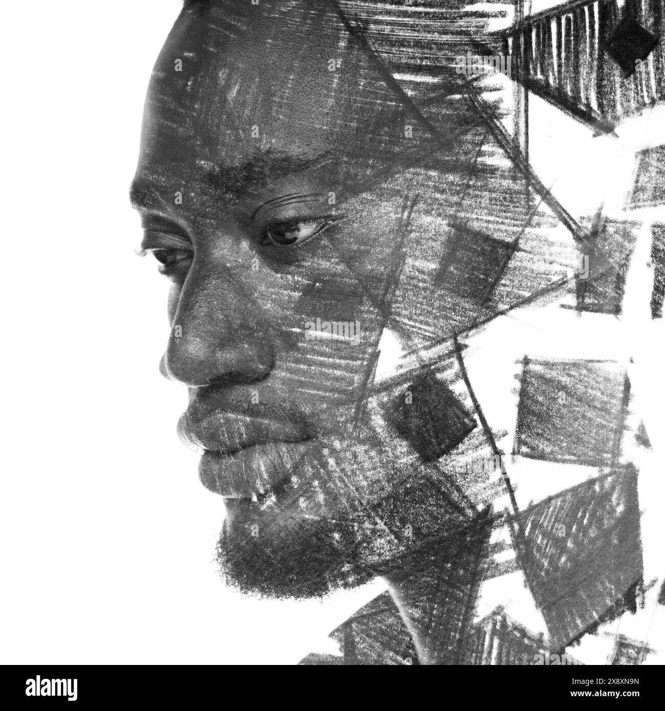 A black and white graphical paintography portrait of a thoughtful man ...