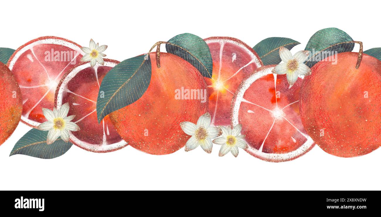 Watercolor illustration featuring red Sicilian oranges, grapefruit ...