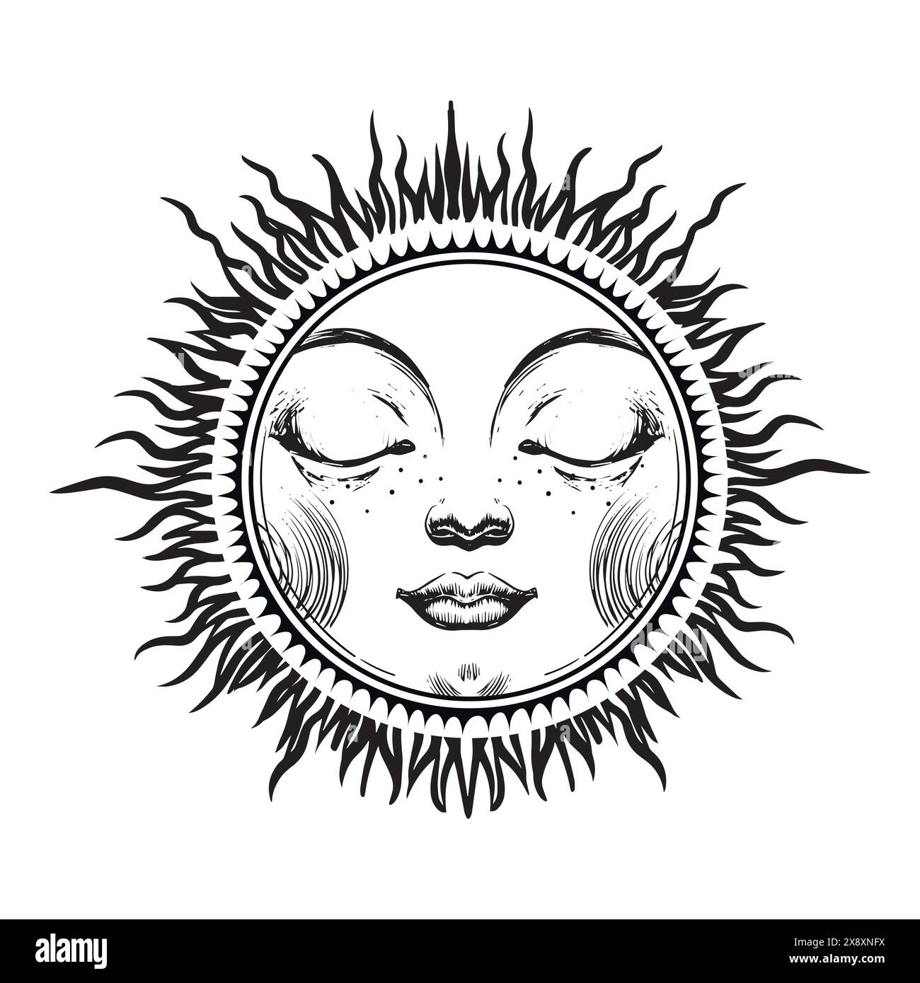Mystical sun or moon with closed eyes, celestial astrology logo, Boho ...