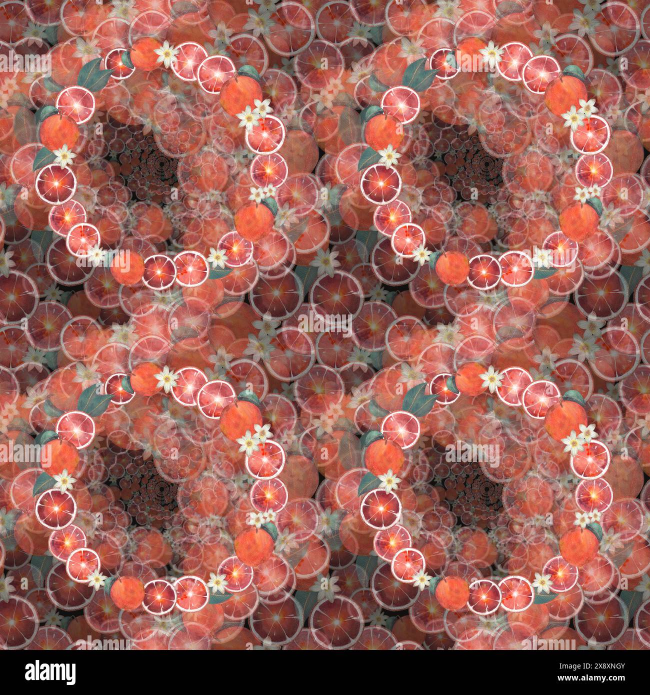 A vibrant circular pattern showcases citrus fruits, flowers, and light ...