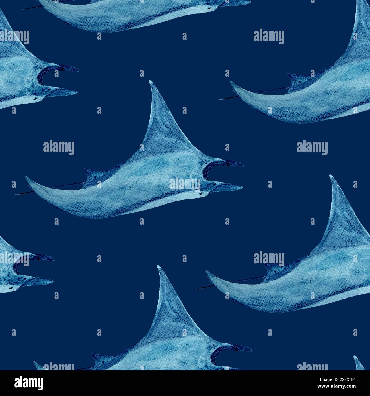 Manta ray watercolor seamless pattern isolated on blue background. High ...