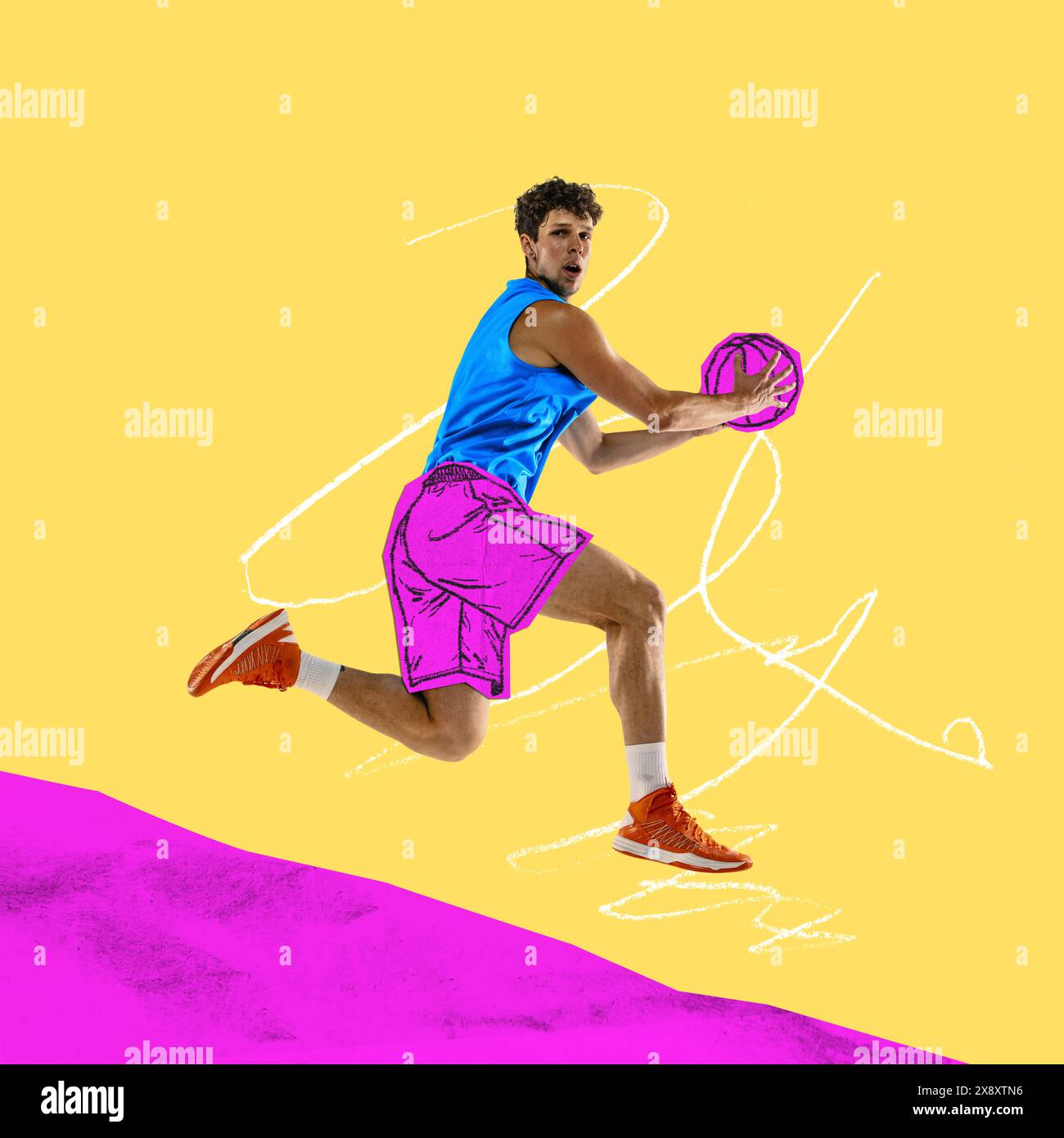 Poster. Contemporary art collage. Drawing artwork. Young basketball ...