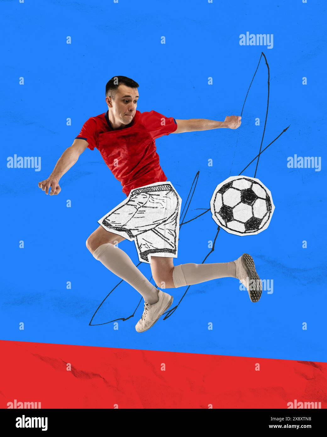 Poster. Contemporary art collage. Drawing artwork. Young football ...