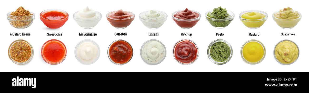 Set of different sauces in bowls and names isolated on white, top and ...