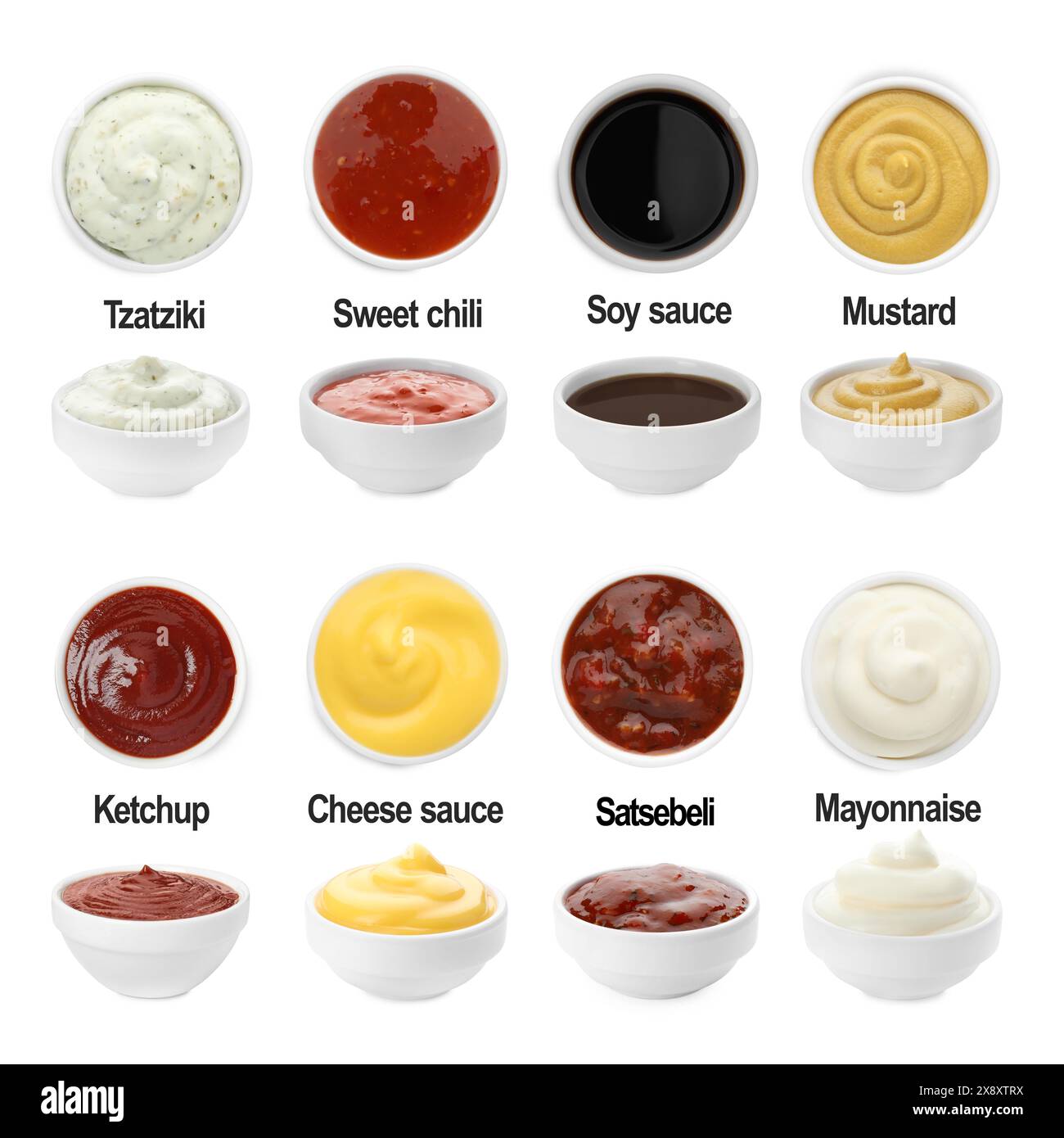 Set of different sauces in bowls and names isolated on white, top and ...