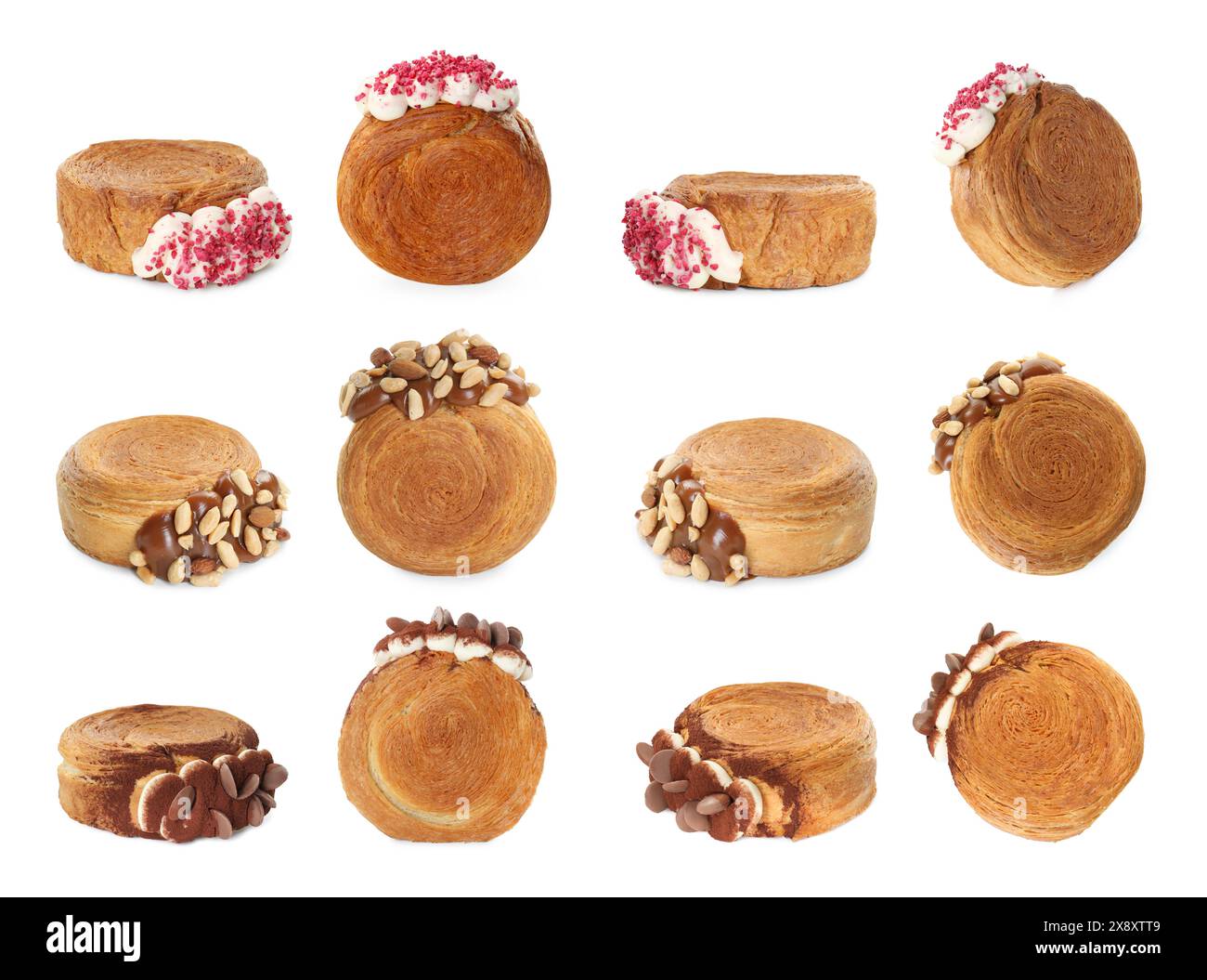 Set of round croissants isolated on white, top and side views. Puff ...