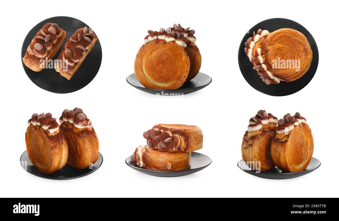Collection of round croissants isolated on white, top and side views ...