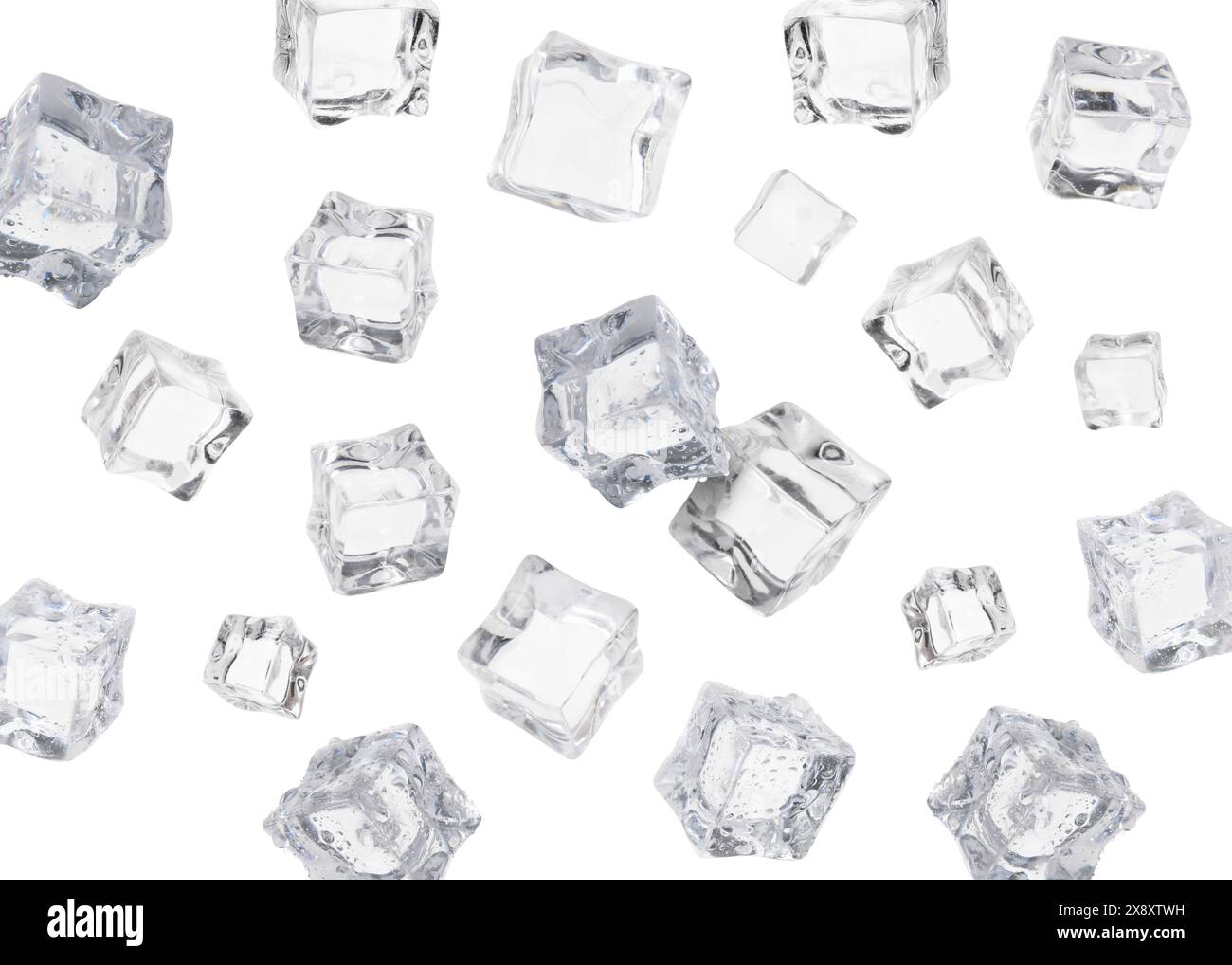 Many ice cubes in air on white background Stock Photo - Alamy