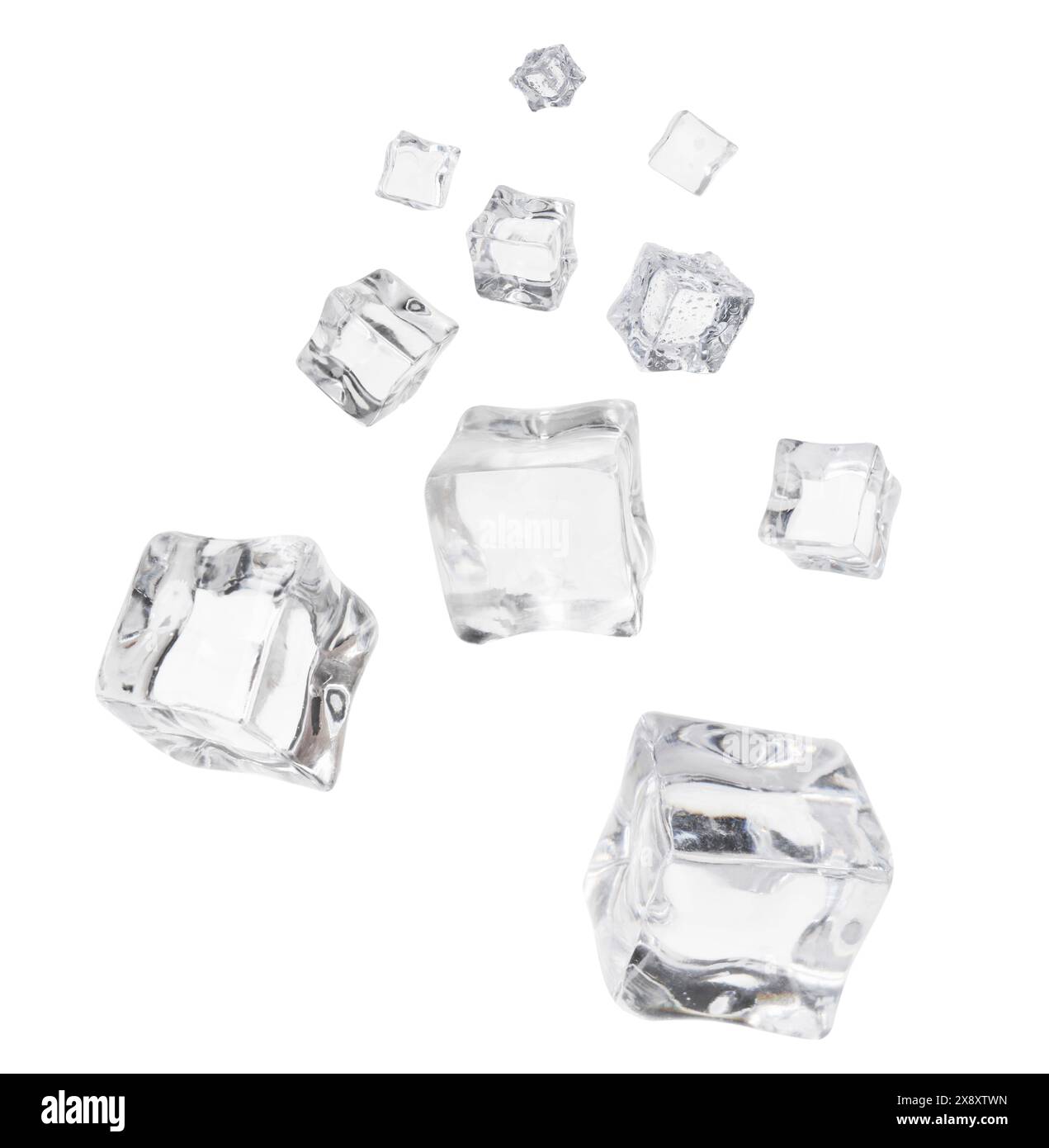 Many ice cubes in air on white background Stock Photo - Alamy