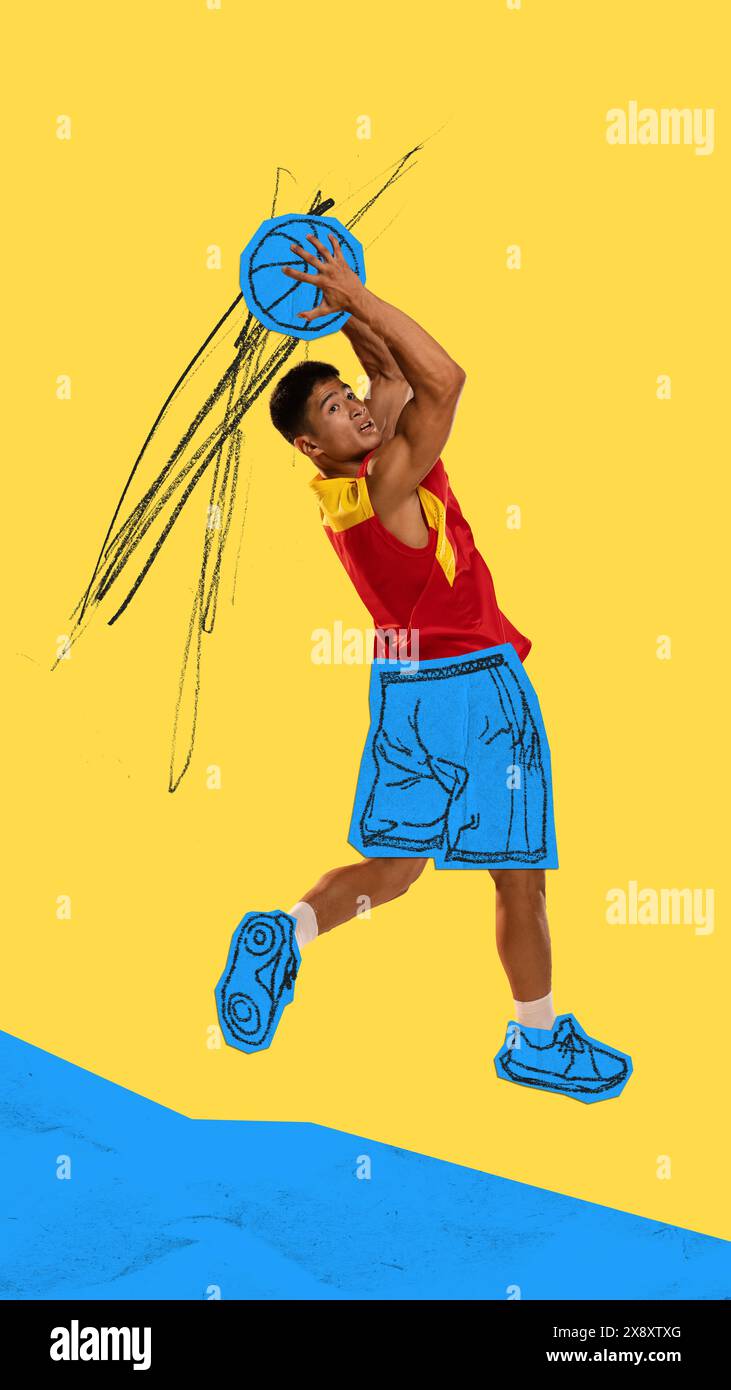 Poster. Contemporary art collage. Drawing artwork. Young Asian man ...