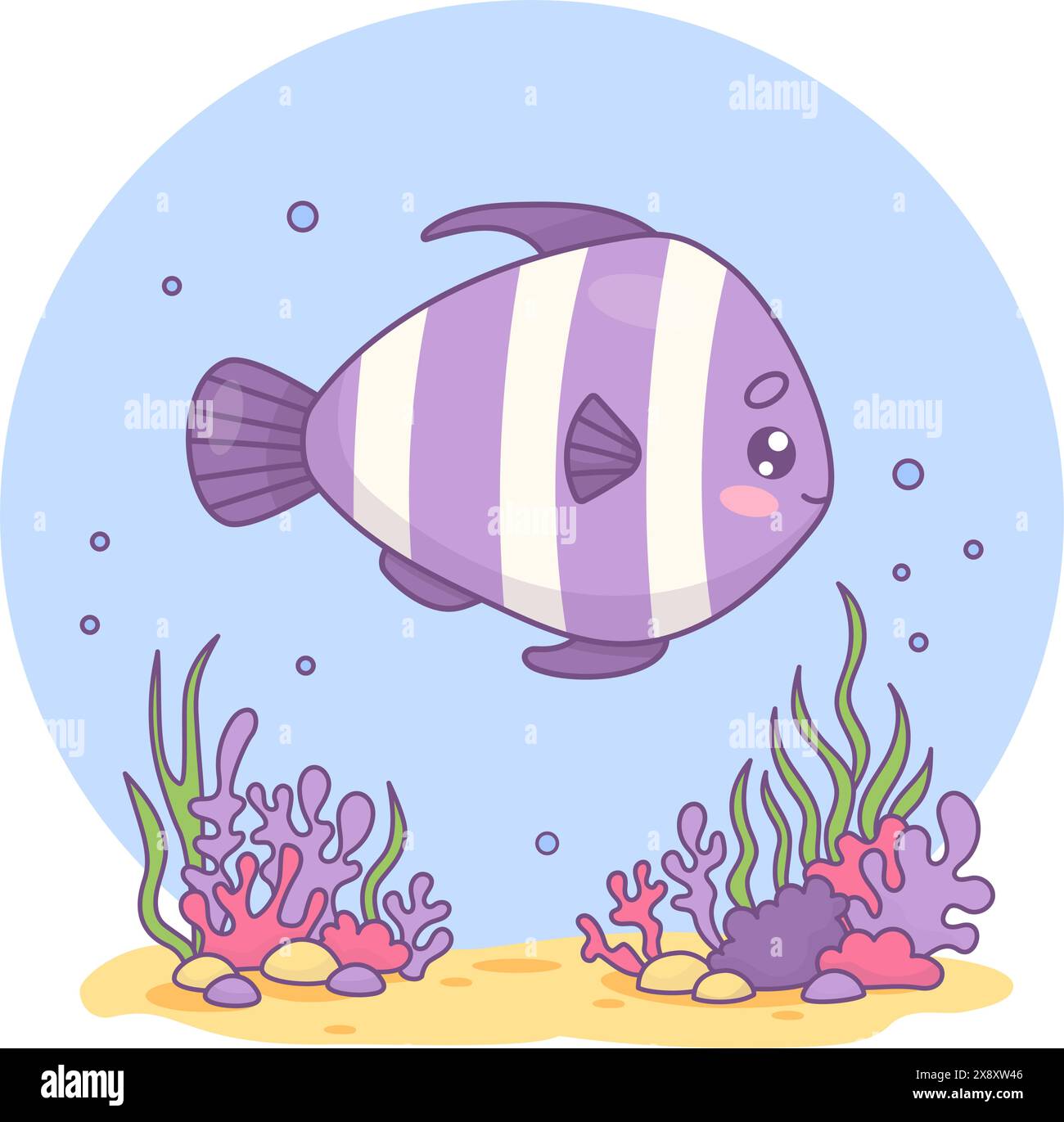 Cute striped tropical fish with algae, coral and sandy bottom ...