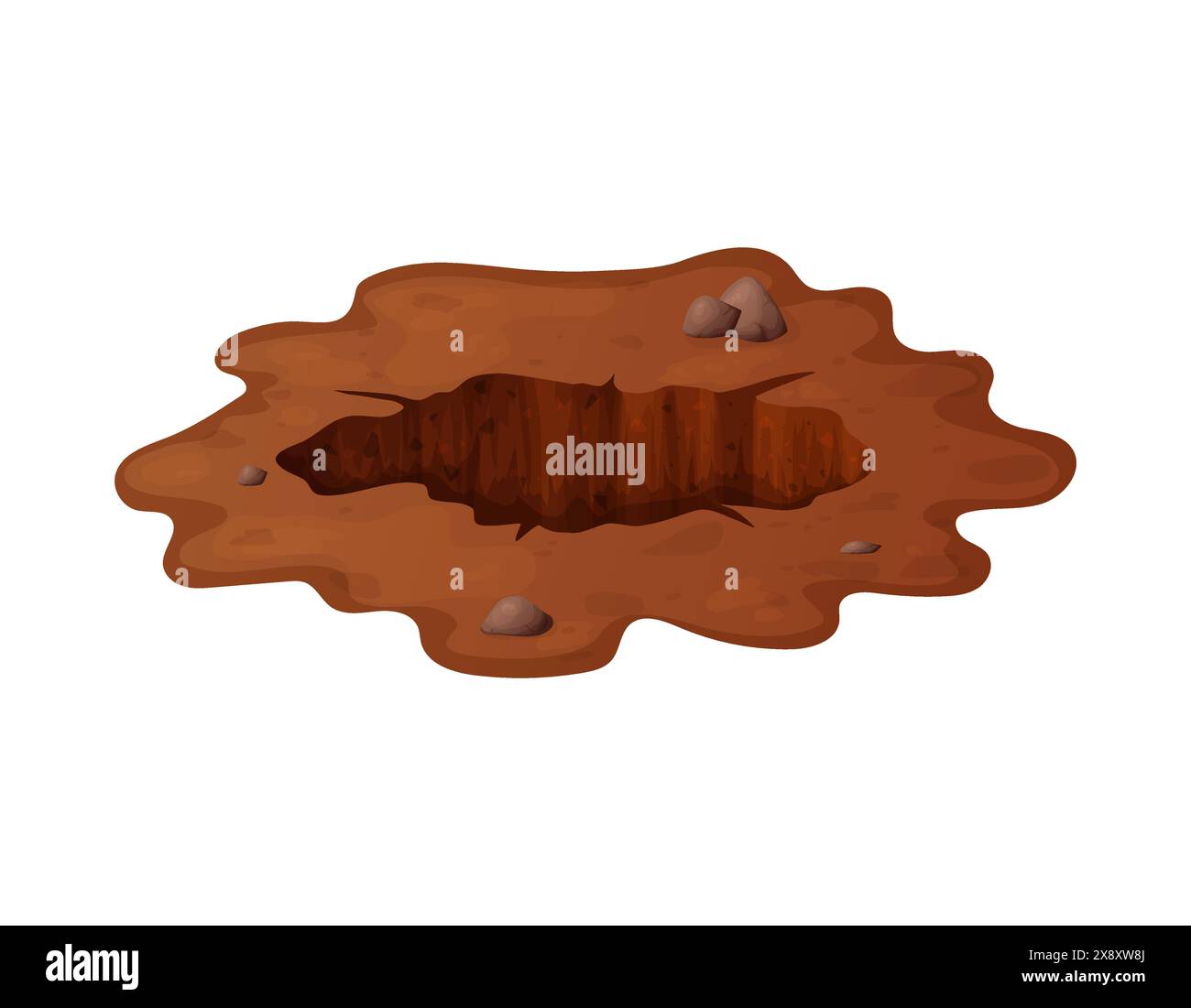 Ground pit hole in cartoon with stones and soil. Dirty brown ...