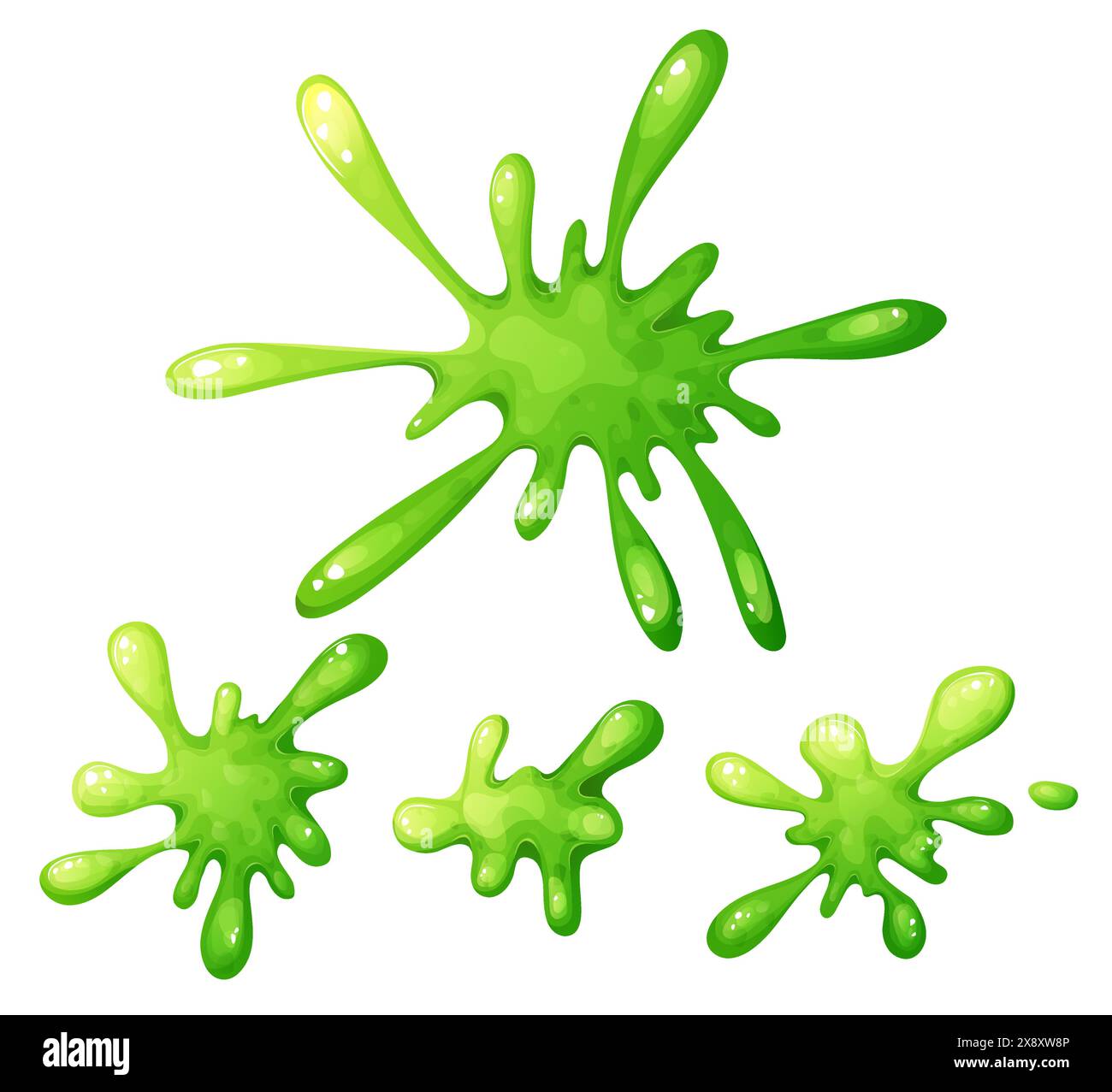 Set of Liquid green slime in cartoon style. Fluid mucus drip, splatter ...