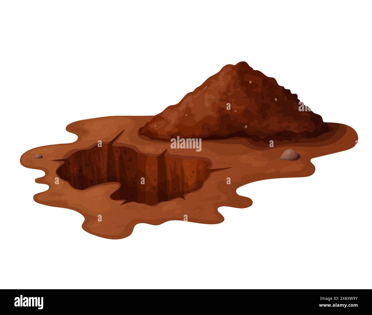 Ground pit hole in cartoon with stones and soil. Dirty brown ...