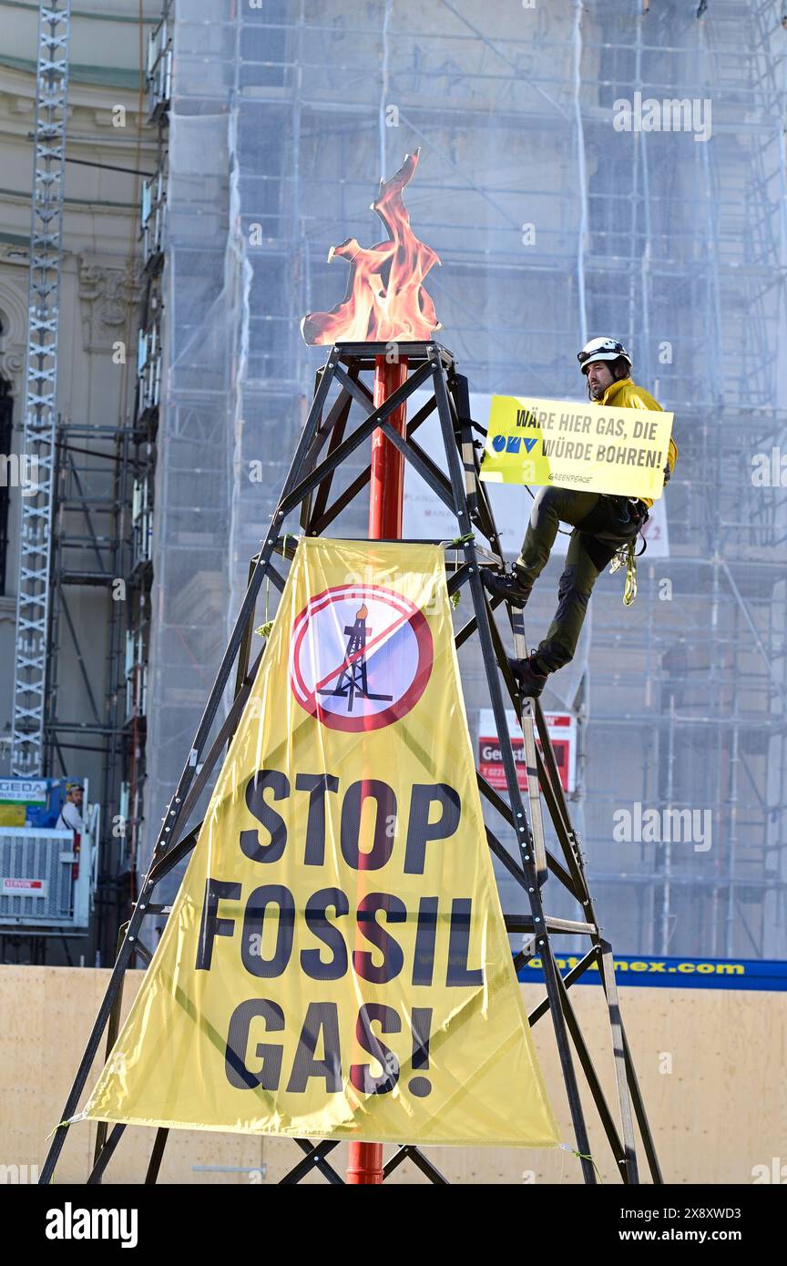 Vienna, Austria, 28th May, 2024. Greenpeace activists set up a six ...